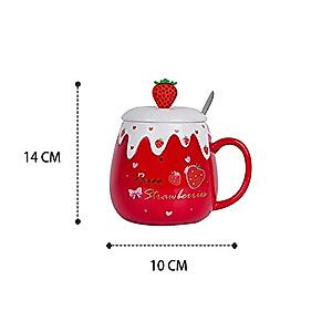 Anjiyoyo Lovely Strawberry and Stainless Steel Scoop Ceramic Coffee Cup, Novel and Interesting Fruit cup, Lovers Milk cup, Creative Gift Breakfast Cup for Kid or Girlfriend