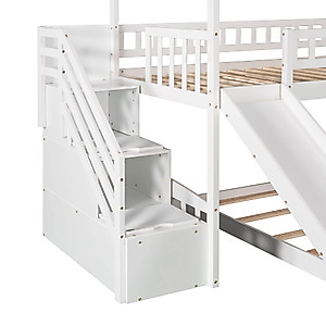 Twin Over Twin Bunk Bed with Slide, House Bunk Bed with Storage Stairs, Wooden Floor Bunk Bed with Roof and Security Guardrails, L Shaped House Bunk Bed for Kids Teens Boys Girls,White