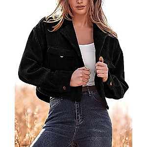 BTFBM Women's Corduroy Cropped Jacket 2023 Winter Fall Lapel Button Down Casual Short Shacket Jackets Coats with Pockets(Soldi Black, Large)