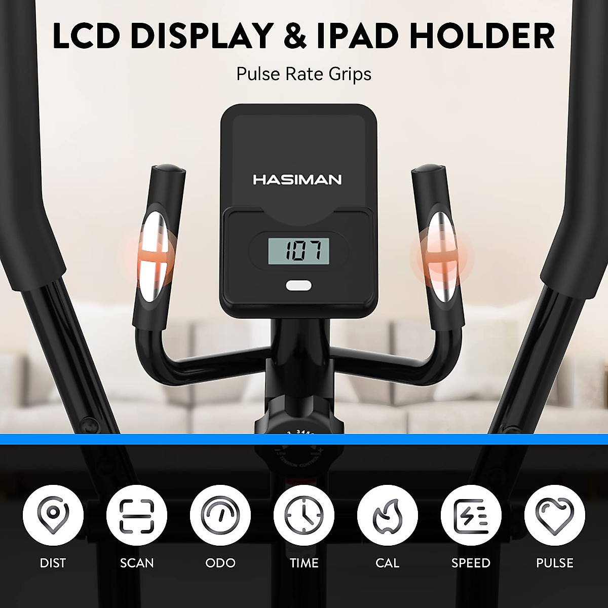 HASIMAN Elliptical Exercise Machine, Elliptical Machine for Home Use, Adjustable Magnetic Elliptical with Pulse Rate Grips and LCD Monitor, 350LB Weight Capacity (Coal Black)