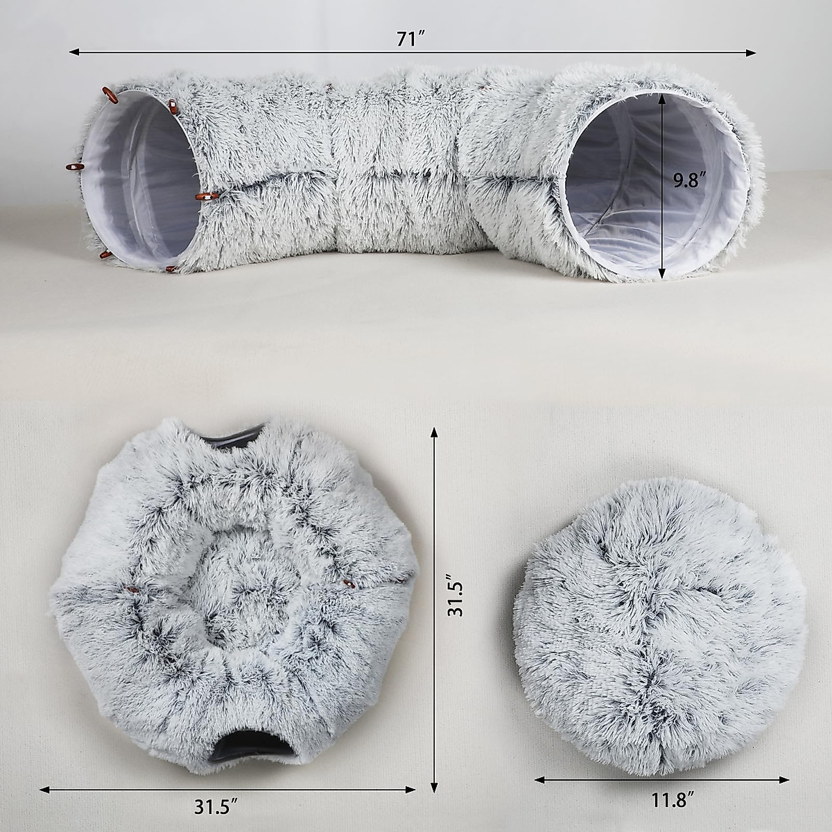Lonepetu Plush Cat Tunnel Bed for Indoor Cats, Collapsible Cat Donut Tunnel with Central Mat, Fluffy Cat Cave Tube with Hanging Ball for Cat Kitten Rabbit Puppy Ferret