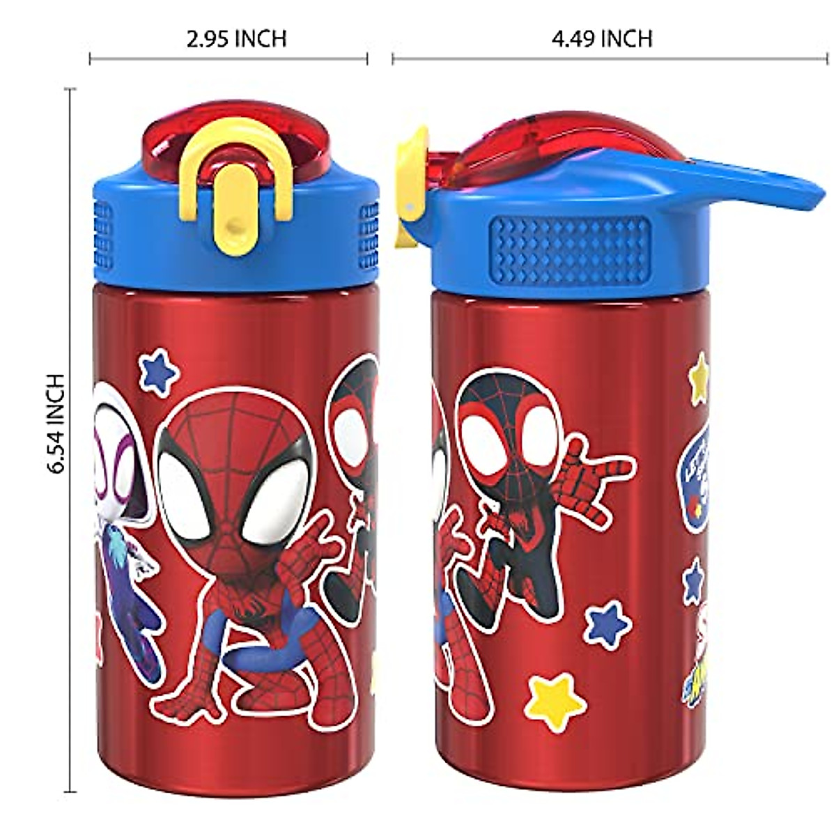 Zak Designs Marvel Spider-Man 18/8 Single Wall Stainless Steel Kids Water Bottle, Flip Straw Locking Spout Cover, Durable Cup for Sports or Travel (15.5oz, Non-BPA, Spidey and His Amazing Friends)