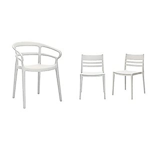 Amazon Basics White, Curved Back Dining Chair-Set of 2, Premium Plastic & White, Armless Slot-Back Dining Chair-Set of 2, Premium Plastic