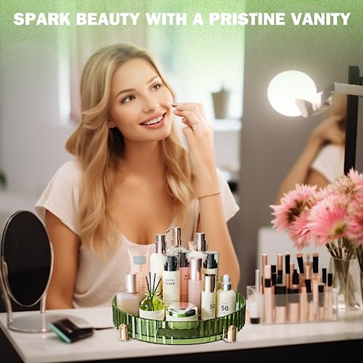 Vnmlopi Rotating Makeup Organizer for Vanity, Bathroom Organizer Countertop Spinning Holder – Large Capacity Perfume Organizer Tray, Skincare Organizers Cosmetics Storage Rack