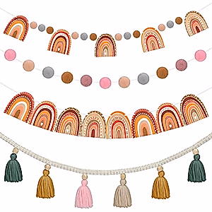 4 Pieces Boho Rainbow Party Decorations Boho Tassel Garland Pastel Decorative Pom Pom Garland Hanging Rainbow Birthday Banner Felt Ball Garland for Home Baby Shower Birthday Classroom Wall Decor