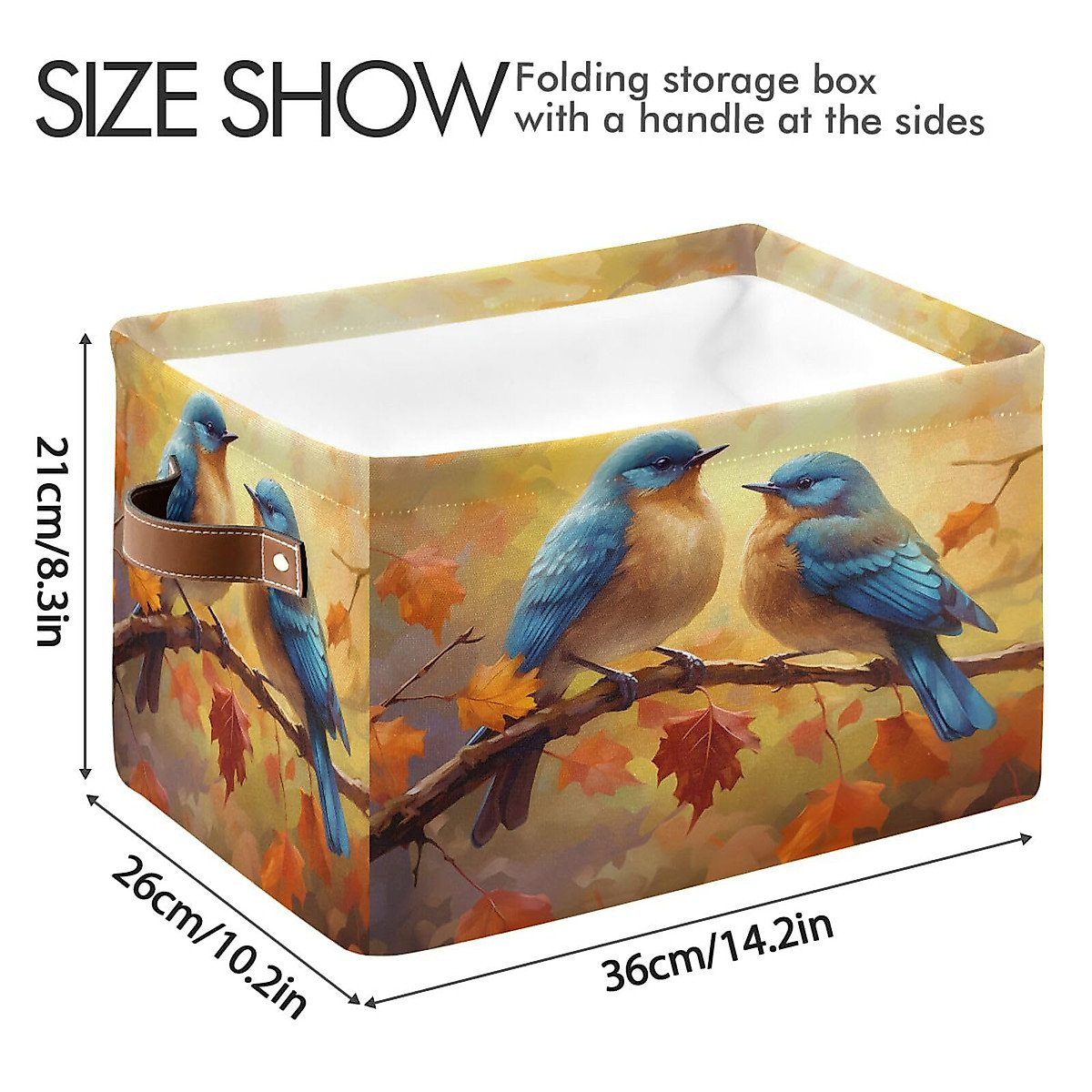 Large Storage Basket Blue Birds Autumn Storage Bin Cube Canvas Fabric Organizer Handles Collapsible for Clothes Toys Bedroom Decorative