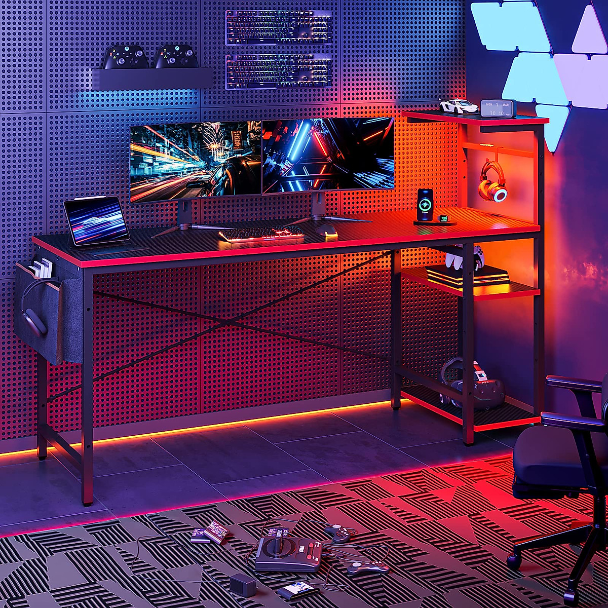 Bestier 61 Inch Gaming Desk with LED Lights, Reversible Shelves, Height Adjustable Shelf, Steel Frame, CARB P2 Class Board, Black Grained