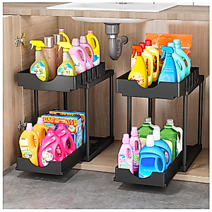 2 Pack Under Sink Organizer with Hooks & Hanging Cups, 2-tier Double Pull-out Drawer Kitchen Under Sink Storage for Canned Sauce, Salad etc, Bathroom Counter Organizer for Spice Makeup Cosmetics