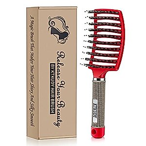 Detangling Brush Boar Bristles KTKUDY Magical Brush Detangler Tangle Free Hair Brush for Women Men Kids Wet and Dry Hair (Red)