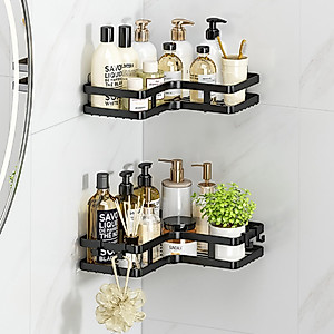 JORMEY 2 Pack Corner Adhesive Shower Caddy, Bathroom Shelves Storage Organization with Hooks, No Drilling Wall Mounted Rack for Bathroom Storage Home Decor Kitchen
