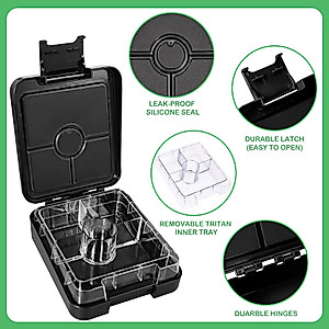 Pawtong Bento Lunch Box Set With 10oz Soup Thermo, Leak-proof Lunch Containers with 4 Compartment, Kids Hot Thermo Food Jar/Insulation Lunch Bag, Food Containers for School (Black)