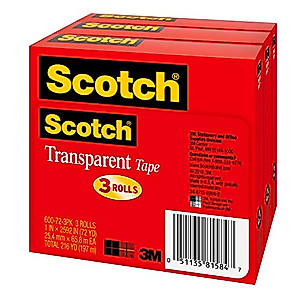 Scotch Transparent Tape, 3 Boxes, 1 in x 2592 in (600-72-3PK)