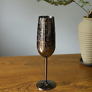 Sky Fish Etching Stainless Steel Champagne Flutes Glass Set of 2, 200ML champagne glasses wedding set for Wedding,Parties and Anniversary (Black Plated)