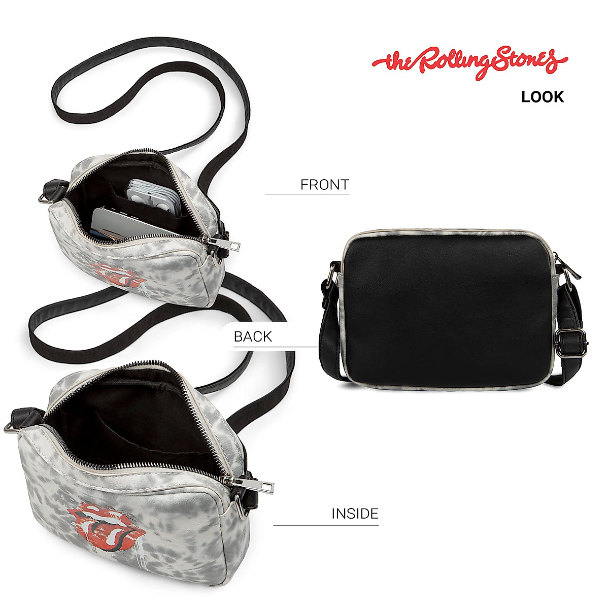 Rolling Stones Majesties Collection Crossbody Bag for Women, Men, Girls, and Teens, Officially Licensed Lightweight Vegan Leather Purse for Travel, Fits Phone, Wallet, and More, Gray