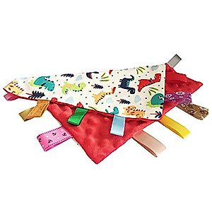 G-Tree Baby Comfort Blanket with Tag, Multi-Coloured Dinosaurs Tag, FOMUNI Taggy Blanket - Red Textured Underside