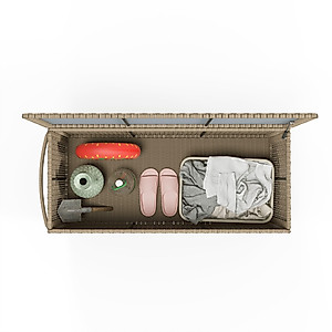 Outsunny 83 Gallon Deck Box, Large Outdoor Storage Chest, PE Wicker Trunk for Outside on Wheels for Garden Tools, Pool Supplies & Patio Furniture Cushions, Brown