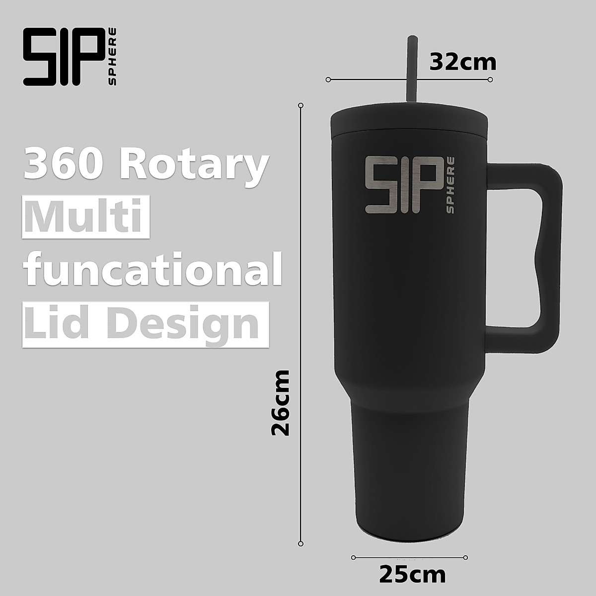 SIP SPHERE 40oz, Travel Mug, Insulated Thermal Mug, 2 Straw Tumbler, Reusable Coffee Mug, Drinking Glass, Tumbler Cup for Coffee, Tea, Whiskey, Juice (Midnight Black)