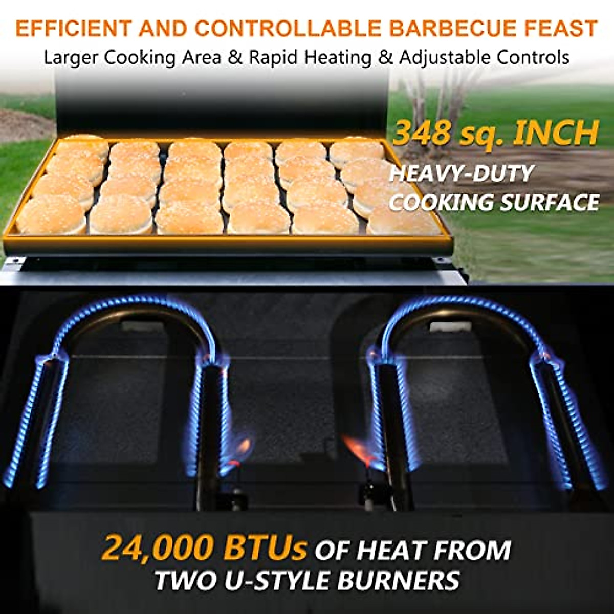 Hisencn Portable Flat Top Grill Propane Gas Grill for Outdoor, Camping, Tabletop, Kitchen, Tailgating, RV - 348 sq. in. Heavy Duty & 24000 BTUs Griddle for BBQ Grill, 22 Inch with Hood, with Carry Bag