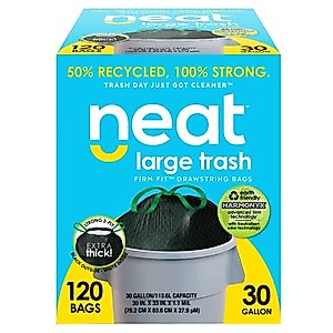 Neat Tall Kitchen 30 Gallon Drawstring Trash Bags - (MEGA 120 COUNT) - Triple Ply Fortified, Eco-Friendly 50% Recycled Material, Neutralize+ Odor Technology, Reversible Black and White Garbage Bags