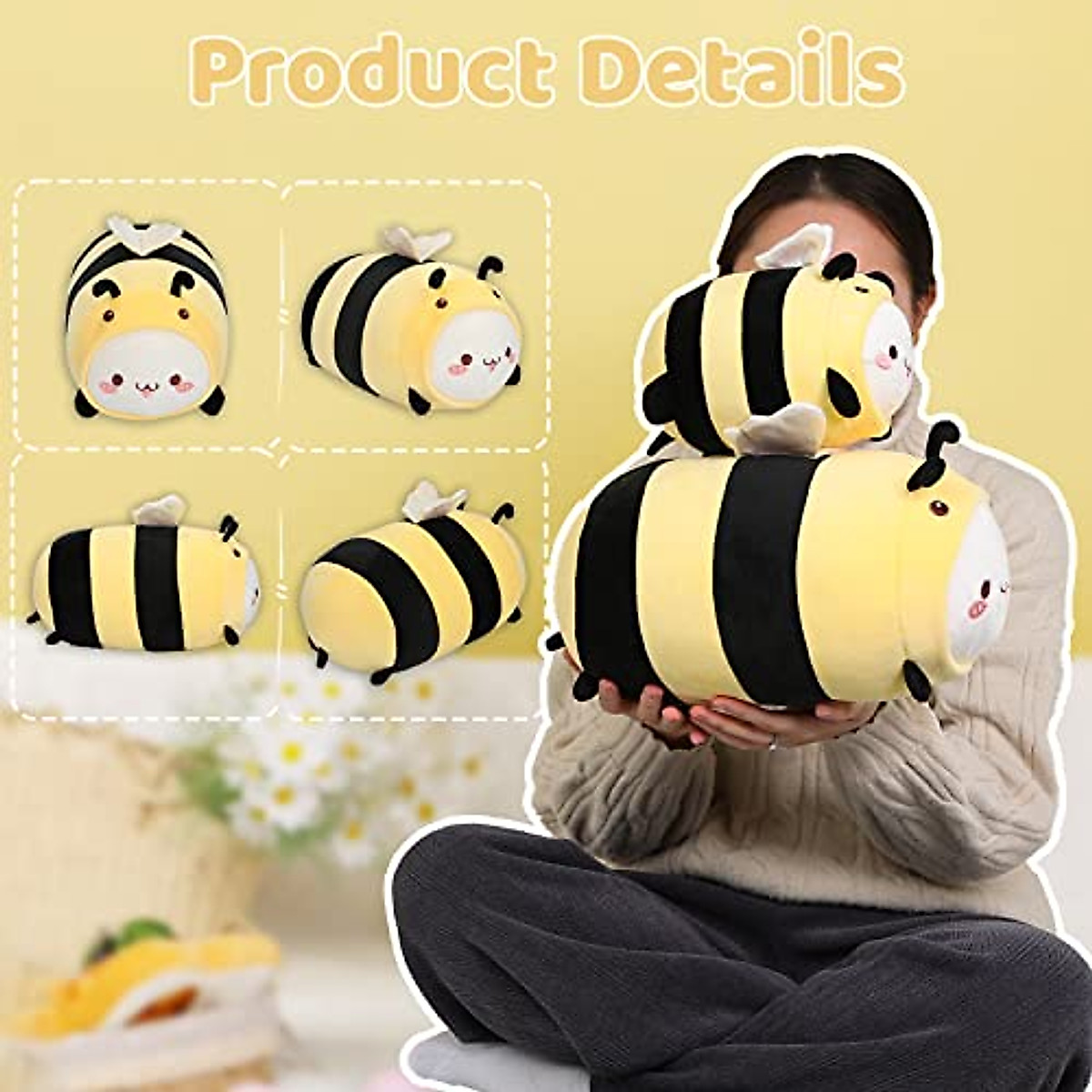 AIXINI 8" Cute Cat Bee Plush Pillow, Kawaii Kitten Honeybee Stuffed Toy, Soft Hugging Squishy Gift for Kids