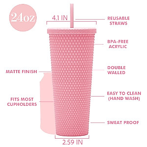 Essasea 24oz Fully Studded Tumbler.Matte Pink Studded Tumbler with Lid and Straw.Reusable Double Walled Insulated Travel Tumbler.Plastic Acrylic Pastel Colored Tumbler Cup for Iced Coffee Smoothie.