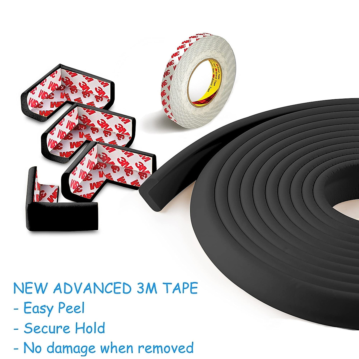 Furniture Edge and Corner Guards | 16.2ft +20.4ft Protective Foam Cushion |36ft Bumper 12 Adhesive Corners | Baby Child Proofing Set NonToxic and Safe for Table, Fireplace, Countertop | Black