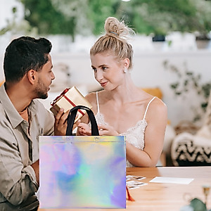 cabzymx Iridescent Glossy Gift Bags 15 pcs, 12.6x4.7x11 In Non-woven Reusable Goodie Bags Bulk, with Black Handles & Sturdy Base, Christmas Gift Bags for Birthday, Wedding, Easter, Holiday Party