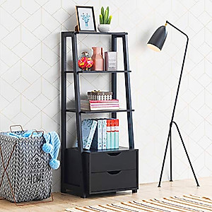 Tangkula Ladder Shelf Bookcase, Free Standing 4-Tier Bookshelf with 2 Storage Drawers, Modern Storage Display Shelving with Drawers, Ideal for Bathroom Home Office (Black)