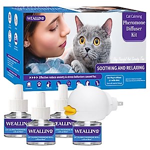 WEALLIN Cat Pheromones Calming Diffuser - Cat Calming Diffuser Kit Relieve Anxiety & Stress - 5-in-1 Cat Pheromone Diffuser Kit with 1 Diffuser + 4 Refill 48ml Vial-120 Days of Comfort and Relaxation