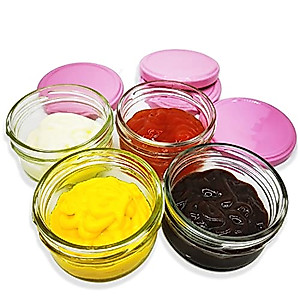 Delove [7 Pack] 2.7 oz Small Glass Condiment Containers with Lids - Salad Dressing Container to Go - Dipping Sauce Cups Set - Leak proof Reusable Sauce Containers for Lunch Box Picnic Travel - Pink