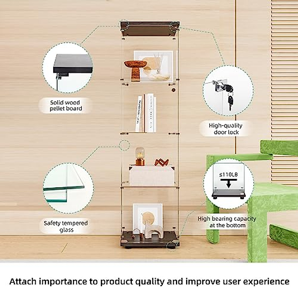 FLYMUHJIA Curio Cabinet Glass Display Case for Collectibles with Door, 4 Display Shelves Showcase, 64.2”Hx16.9''Lx 14.6''W Black