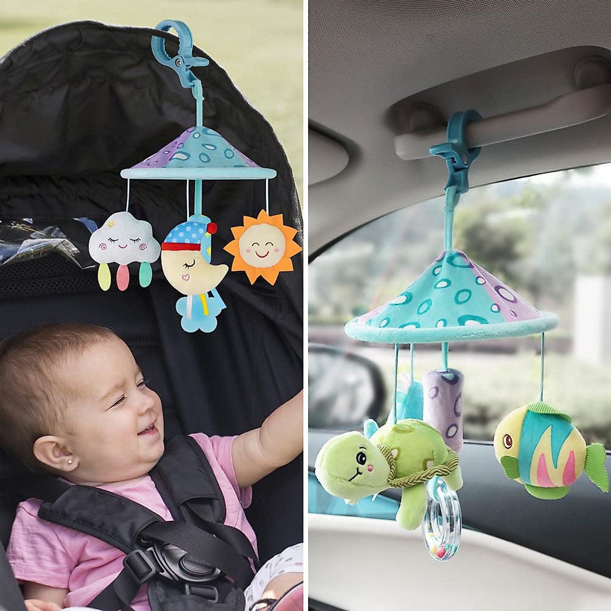 Baby pram Mobile Toys, Car roof Handle Toys with Soft Rattle for 0 Months+ (Sky)