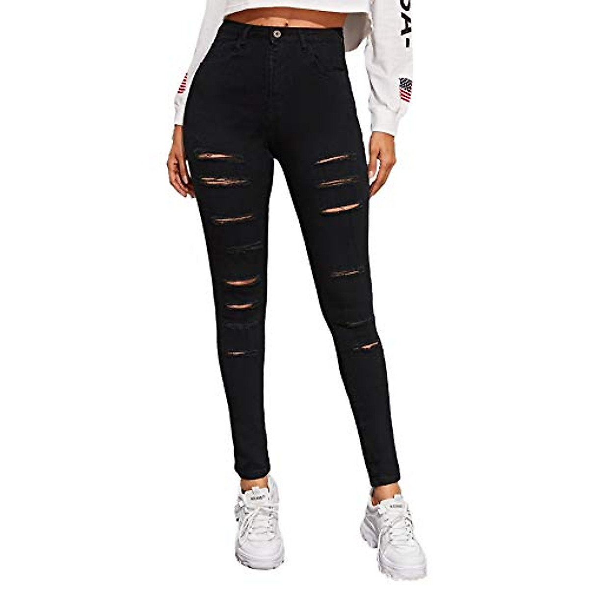 SweatyRocks Women's Hight Waisted Stretch Distressed Denim Pants Ripped Skinny Jeans Black M