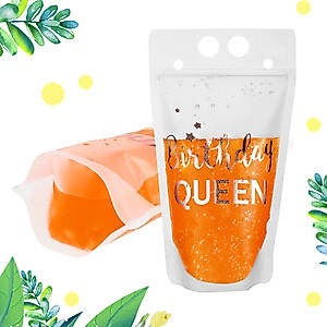 20 Pieces Birthday Squad Drink Pouch Bag with Straw Birthday Queen Heavy Duty Hand-Held Translucent Reclosable Zipper Smoothie Juice Pouches Stand-up Plastic Pouches for Birthday Party Adults