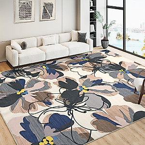 Washable Floral Living Room Rug 5x7, Modern Bright Floral Area Rugs for Bedroom Non-Slip Large Low-Plie Kitchen Rug Indoor Floor Throw Carpet for Dining Room Entryway Office, Brown Multi