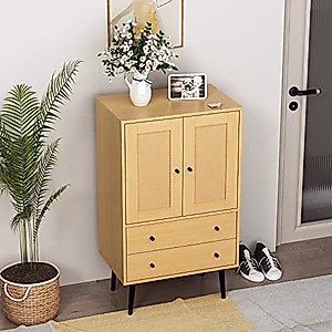 Hcman Sideboard Buffet Cabinet with Storage, Rattan Cabinet with Wooden Legs & 2 Drawers for Entryway, Living Room, Kitchen, Dining Room