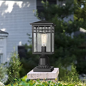 Diyel Outdoor Post Light Fixture, Modern Exterior Pillar Lantern with Black Finish & Seeded Glass, Pole Light for Garden, Backyard, Courtyard, Patio, Porch, RZ009-P BK
