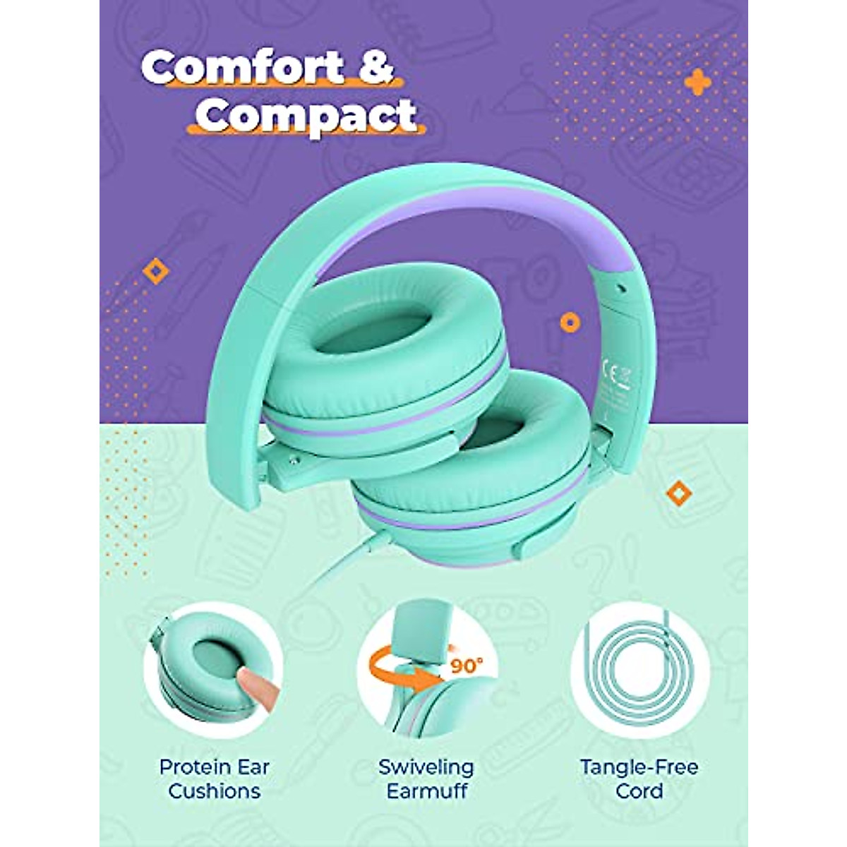 iClever 2 Pack Kids Headphones with Microphone - 94dB Safe Volume Limited - HS22 Wired Headphones for Kids Teens with Sharing Splitter, Tangle-Free Foldable Stereo Headset for School/Tablet/Travel