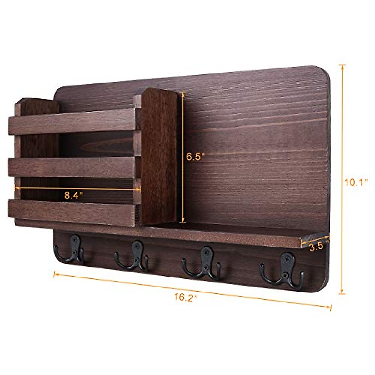 PAG Hanging Mail Organizer Entryway Wood Floating Shelf Accessories Storage Holder Rack with 4 Double Hooks, Brown