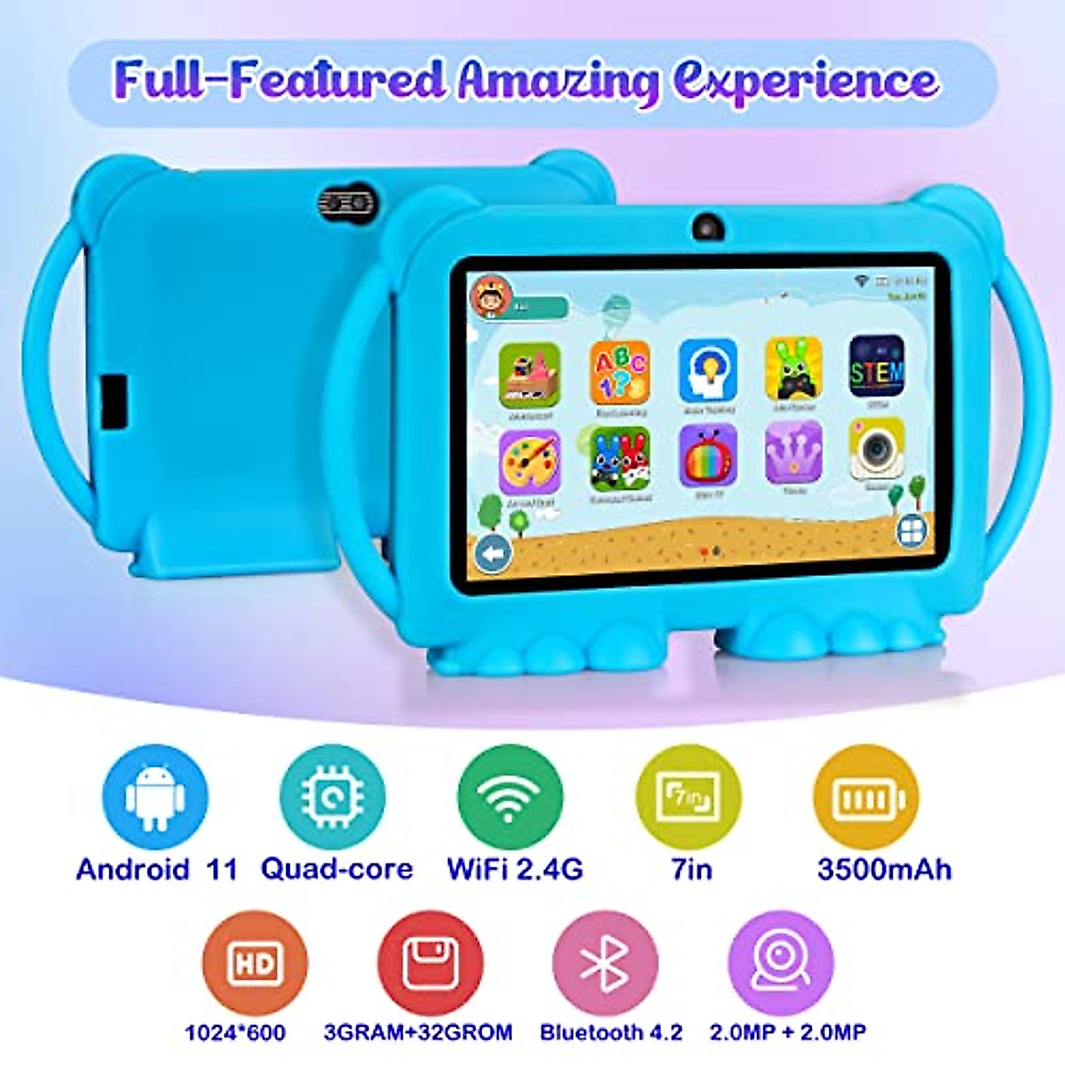 ATMPC Kids Tablet, 7 inch Tablet for Kids, 32GB ROM 3GB RAM Android 11.0 Toddler Tablet with 2.4G WiFi, GMS,Parental Control, Education APP, Dual Camera, Shockproof Case, Purple