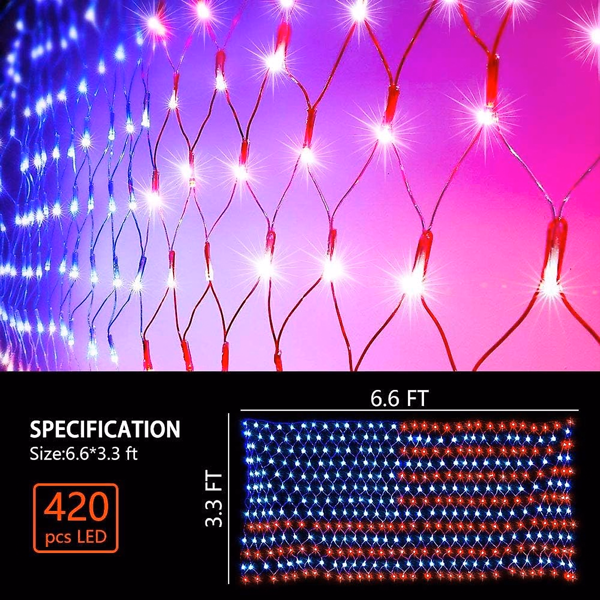 PUHONG (New) American Flag Lights, 420 LED USA Flag Net Lights, Outdoor Waterproof Patriotic Ornaments for Independence Day National Day July 4th Memorial Day Christmas New Year Party Yard Decoration