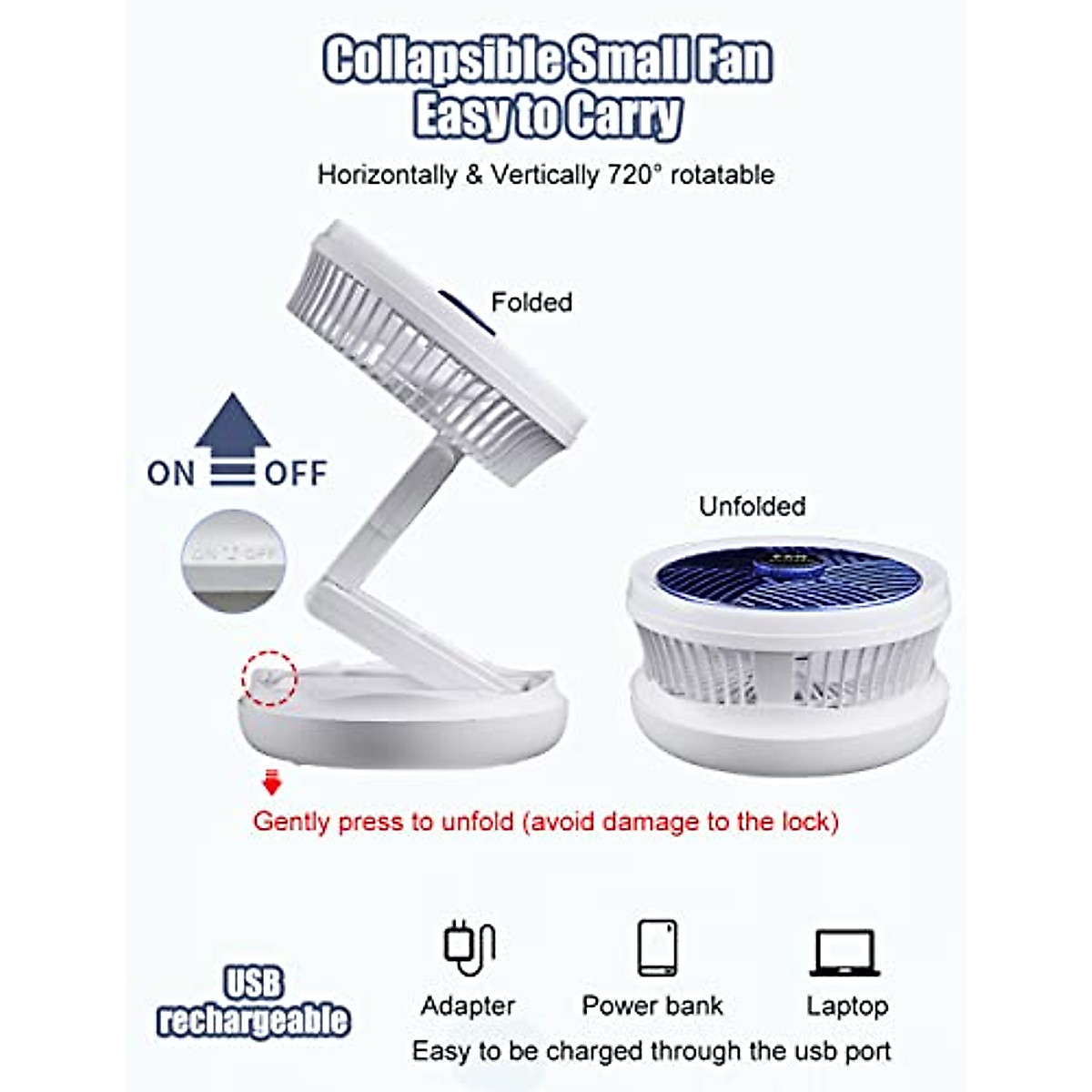 NORMIA RITA 7In Foldable Small Desk Fan with Light, Multifunction Personal Fan with Dimmable LED Light Quiet Rechargeable Portable Fan with Hanging Hook/Wall Mounted for Home Office Travel