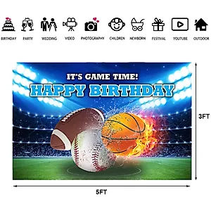 Ticuenicoa 5×3ft Sports Birthday Backdrop Boys Football Basketball Baseball Kids Birthday Background It's Game Time Kids Sports Theme Birthday Party Banner Wall Decorations Props