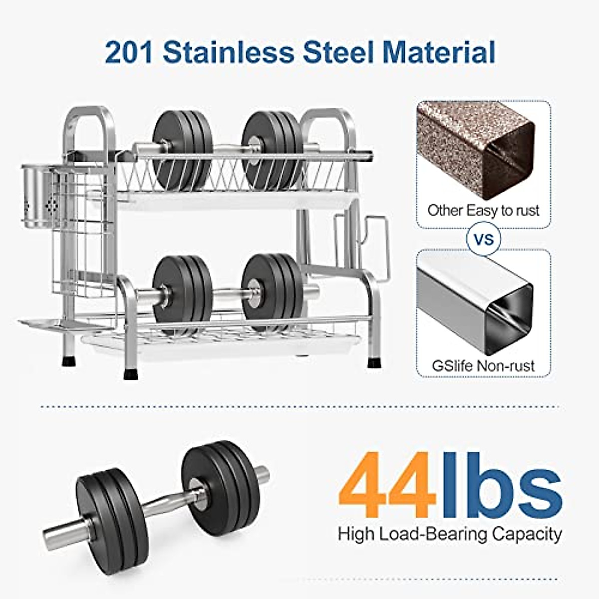 GSlife Stainless Steel Dish Drying Rack Rustproof 2 Tier Dish Rack for Kitchen Counter with 3 Drainboards, Tiered Dish Drainer with Utensils Holder,Cutting Board Holder, Silver