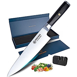 Brewin Japanese Chef knife 8 inch with Knife Sharpener,Professional Sharp Kitchen Knife with Elegant Black Pakkawood Handle High Carbon Stainless Steel Hand Forged Chef's Knives for Cooking Gift Box