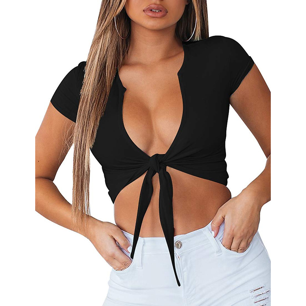 BORIFLORS Women's Sexy Tie Up Crop Top Short Sleeve Deep V Neck Casual Basic T Shirt,Medium,Black