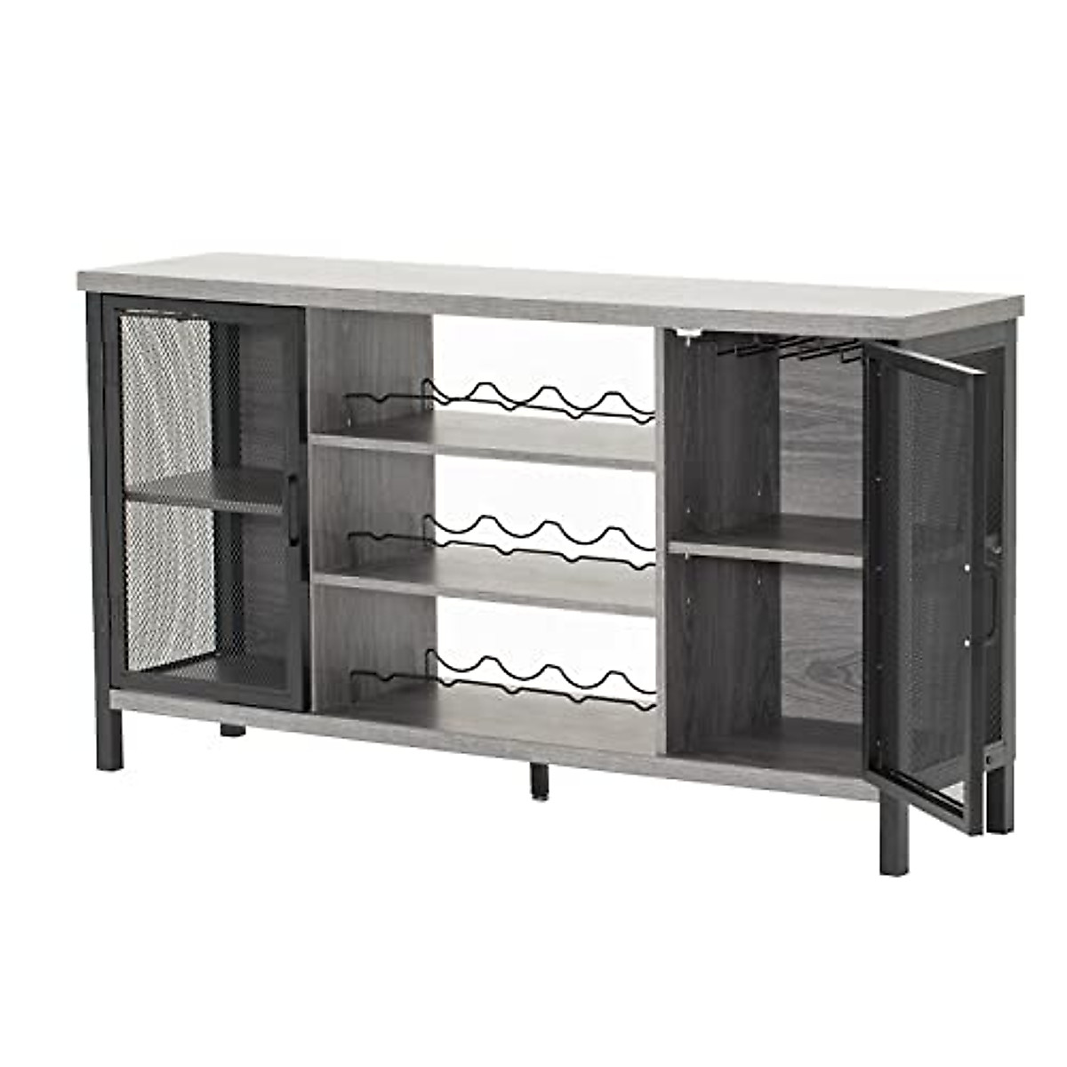 SOSPIRO Bar Cabinet with Wine Rack, LED Lights Industrial Coffee Bar Cabinet for Liquor and Glasses, Liquor Cabinet Bar for Home, Wine Bar Cabinet with Adjustable Shelves (Grey)