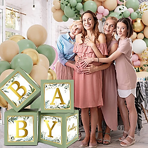 RUBFAC Sage Green Baby Boxes with Letters for Baby Shower, 4pcs Safari Baby Shower Decorations for Boy Girl Balloon Boxes Gender Reveal Baby Shower Birthday Party Favors
