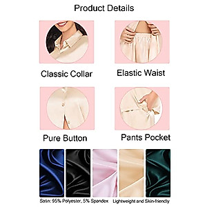 SWOMOG Silk Pajama Set for Womens Solid Satin Loungewear Short Sleeve Pj Set Button Down 2 Pcs Nightwear with Pants with Pockets Champagne