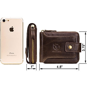 BULLCAPTAIN Men’s Genuine Leather Wallet,RFID Blocking Zip Around Bifold Multi Purse Cowhide Leather Vintage Secure Card Holder with ID Window (Brown)